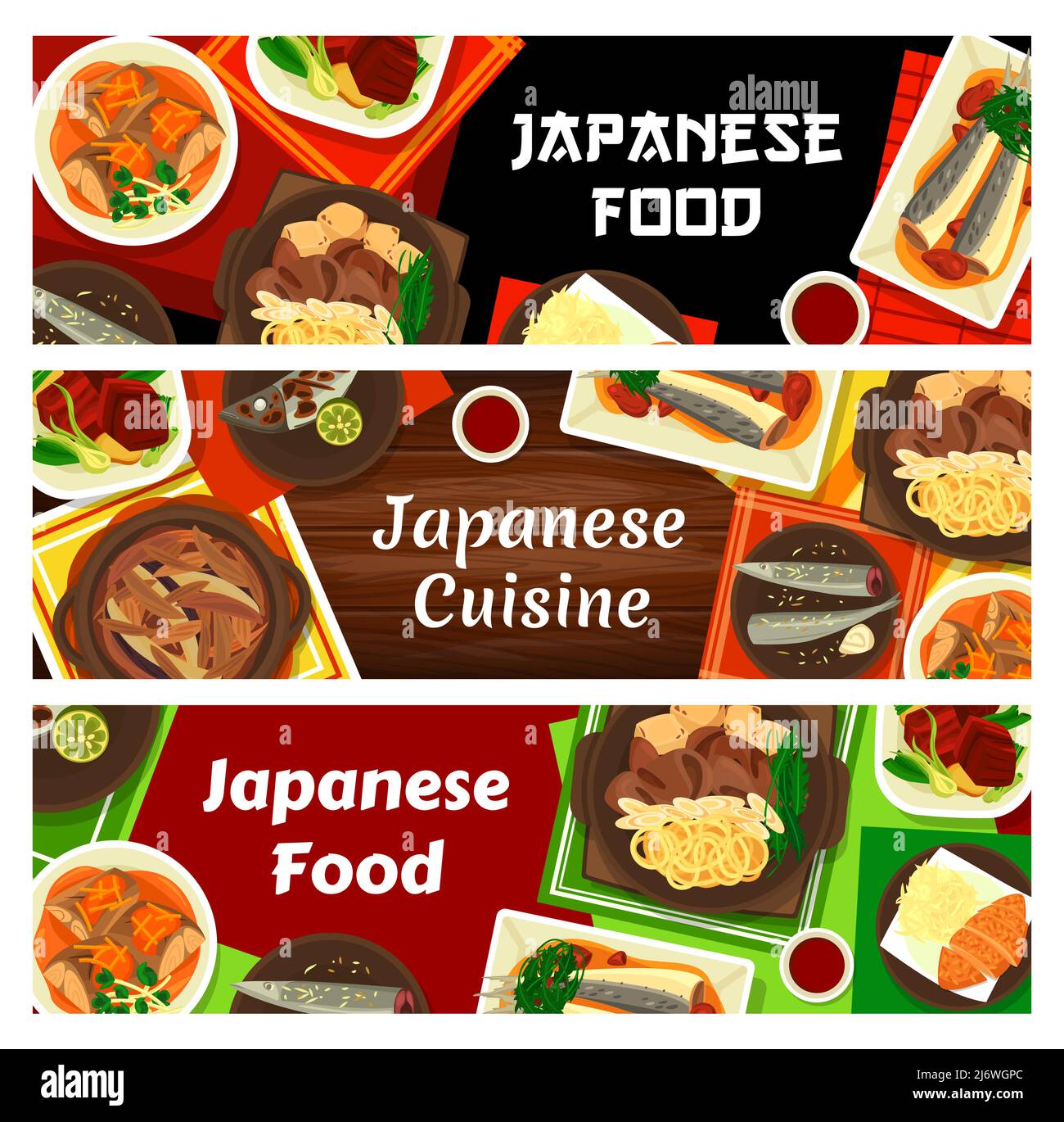 Japanese cuisine food banners and Asian restaurant menu dishes, vector ...