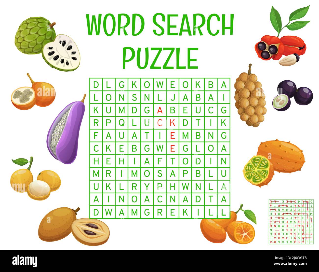 Exotic tropical raw fruits, word search puzzle game worksheet, vector ... Exotic tropical raw fruits, word search puzzle game worksheet, vector ...