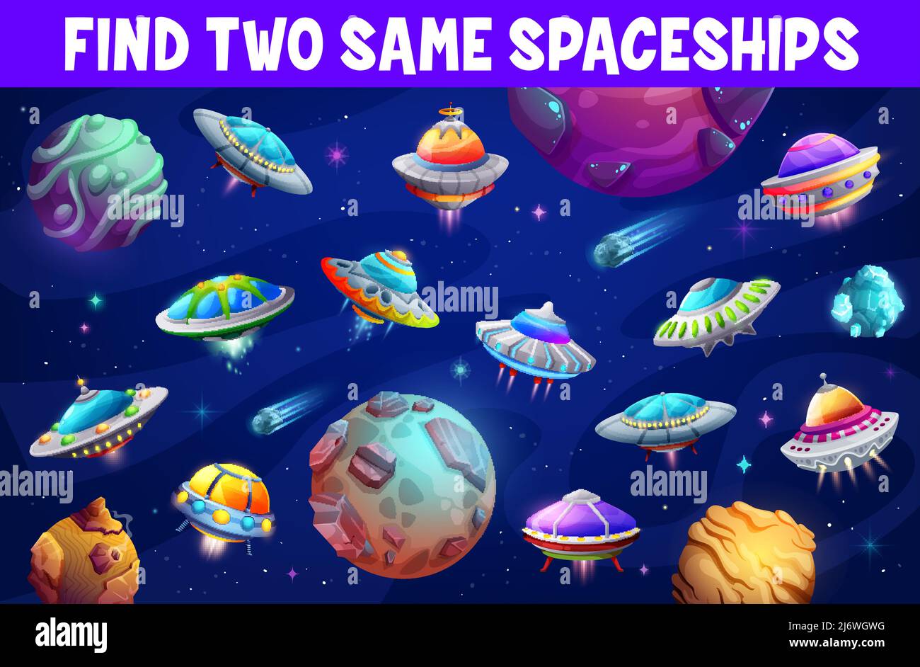 Find two same ufo or alien starship kids game worksheet. Cartoon vector ...