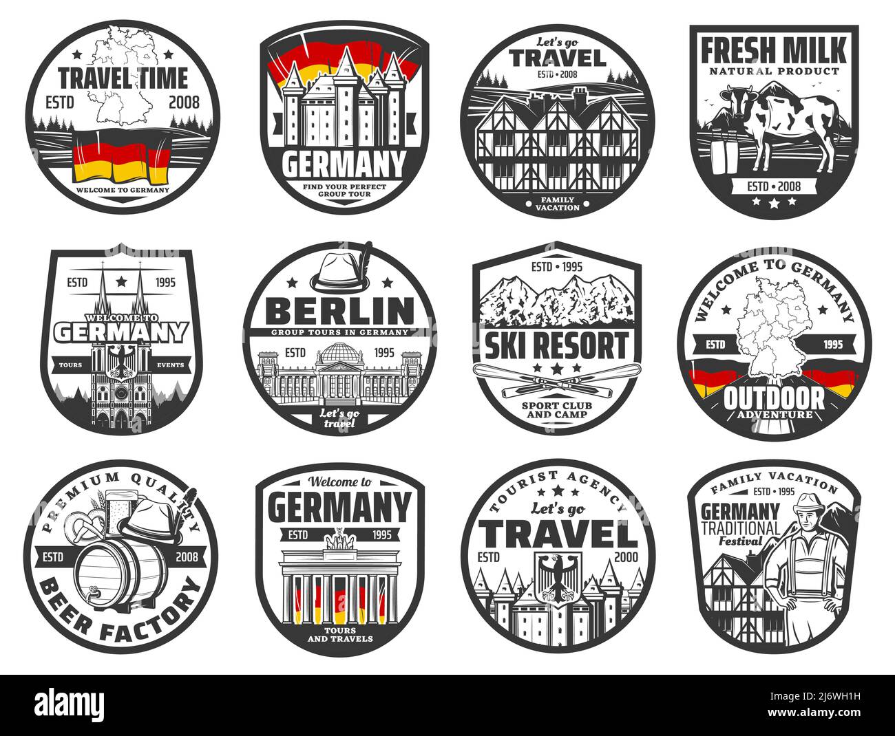 Travel to Germany vector icons, German famous landmarks, sightseeing ...