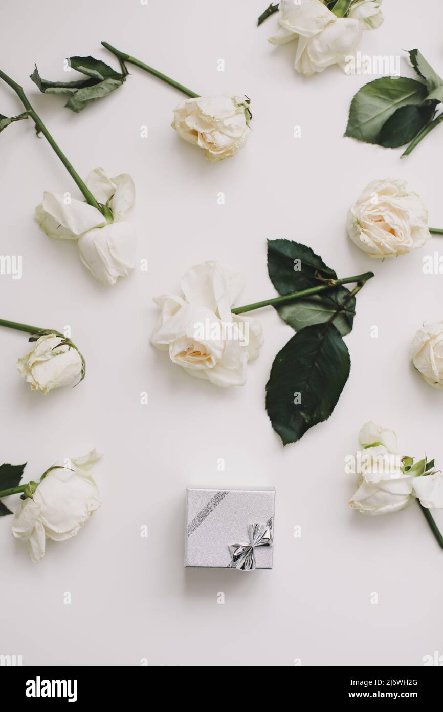 Silver jewelry box and flowers. Wedding, Love, Valentine's day, Happy ...