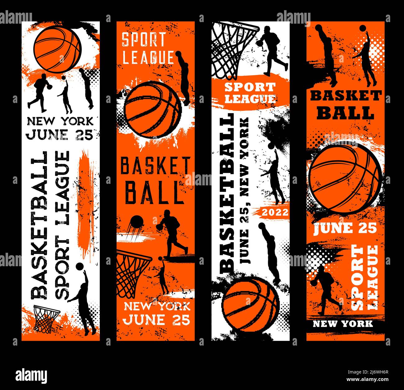 Basketball sport grunge banners with players and ball, vector halftone ...