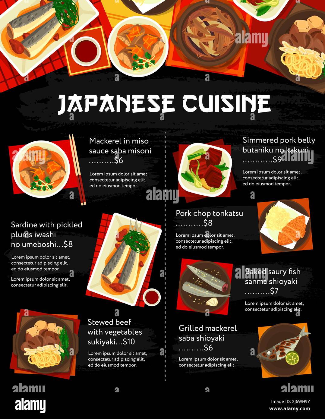 Japanese food and Asian cuisine menu dishes, vector lunch and dinner ...
