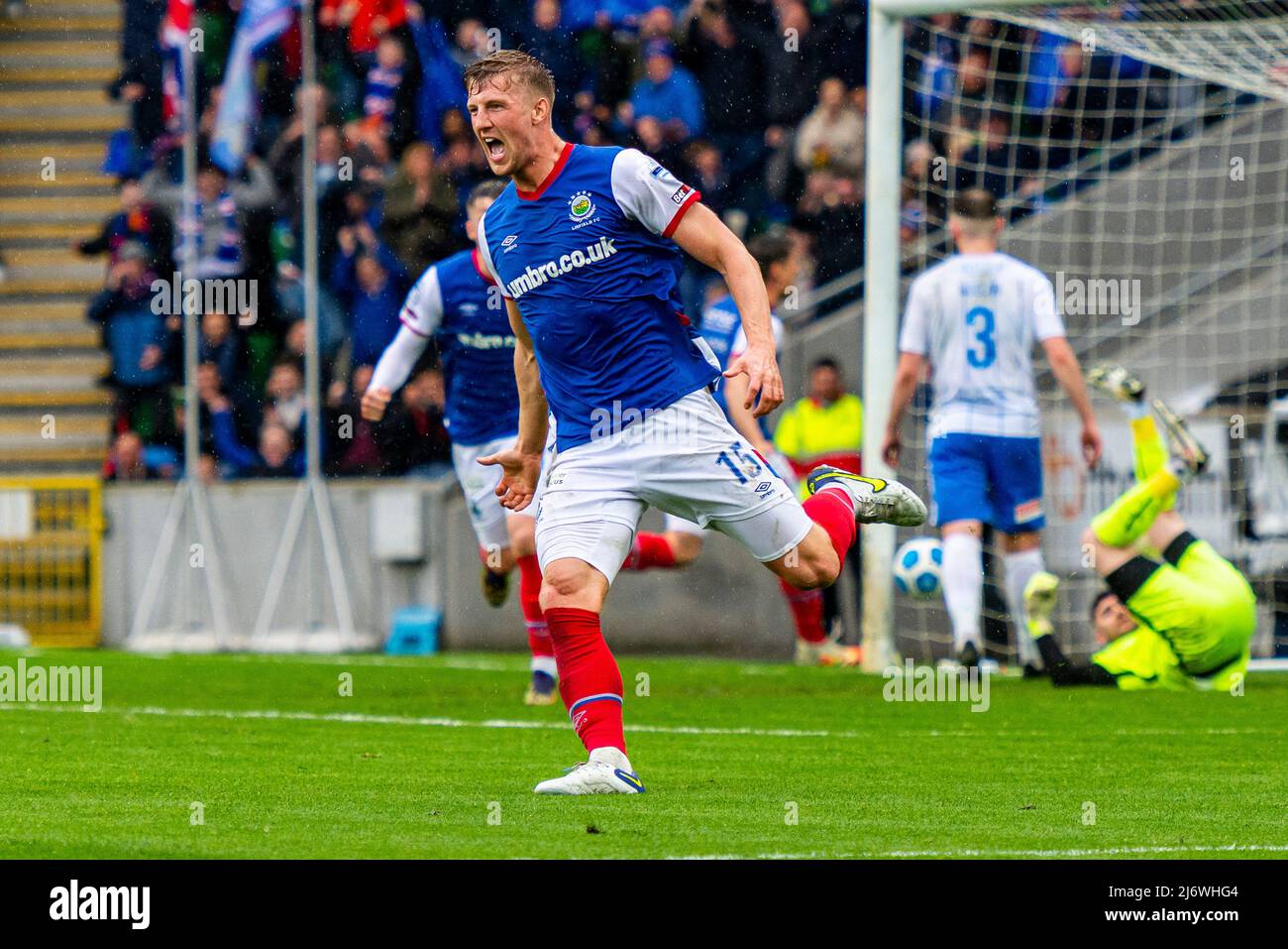 Linfield player Ben Hall celebrates scoring the opening goal versus ...