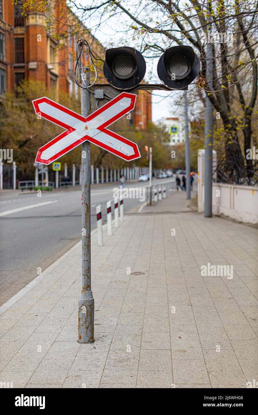 Moscow, Russia - May 01, 2022: railroad crossing warning sign Stock ...