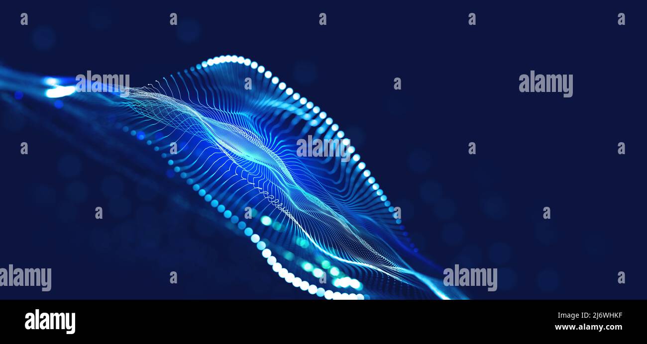 Big data cyber stream 3D illustration. Rhythmic waves of electrical impulses in a neural network ...