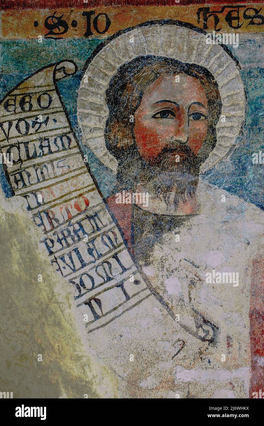 Bearded saint holds scroll with Latin inscription. Fresco, painted in ...
