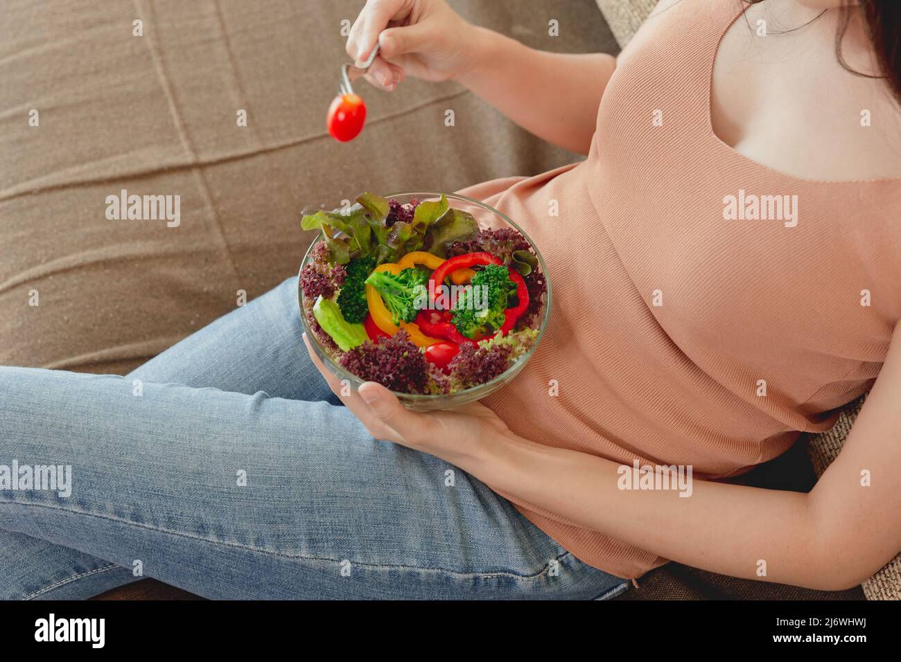 asian woman with healthy food, Beautiful girl eating a salad in house ...