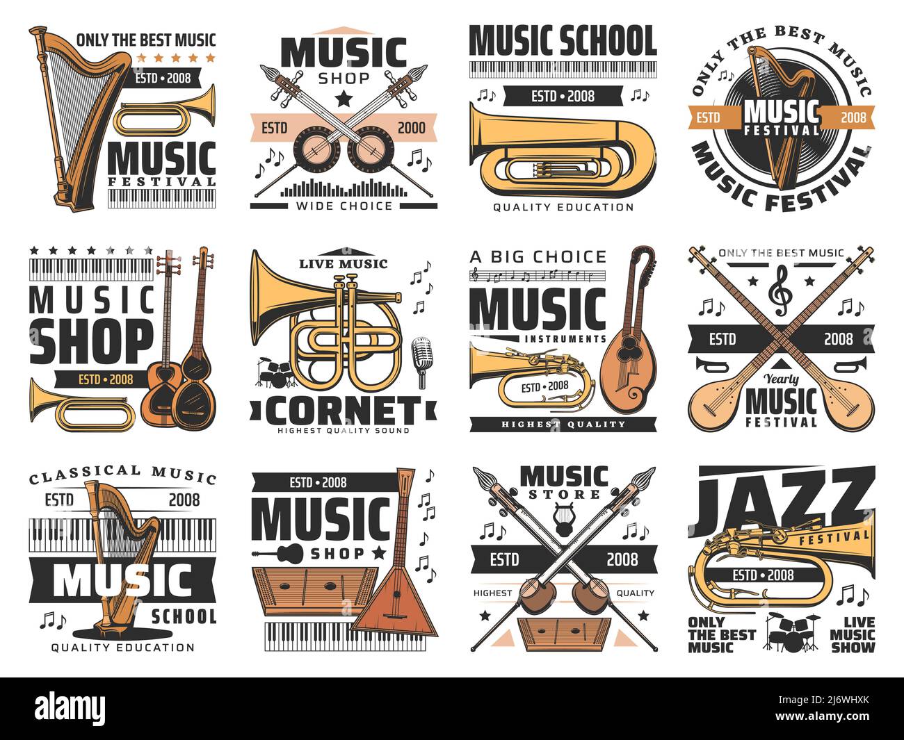 Music instruments, concert and live festival or shop vector icons ...