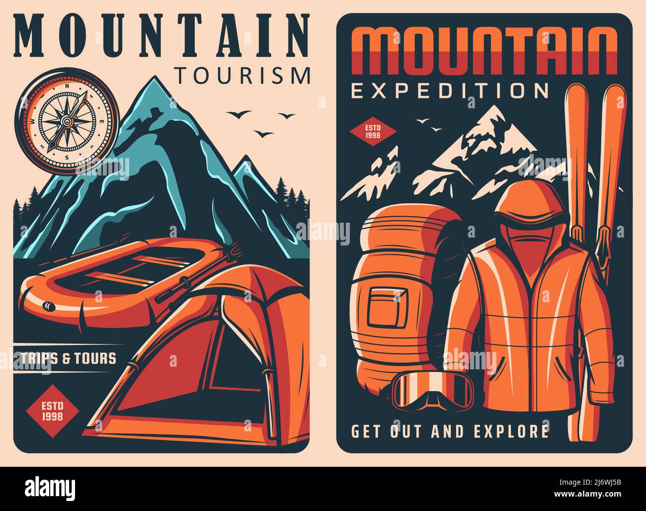 Mountain and climbing sport retro posters. Mountain tourism expedition ...