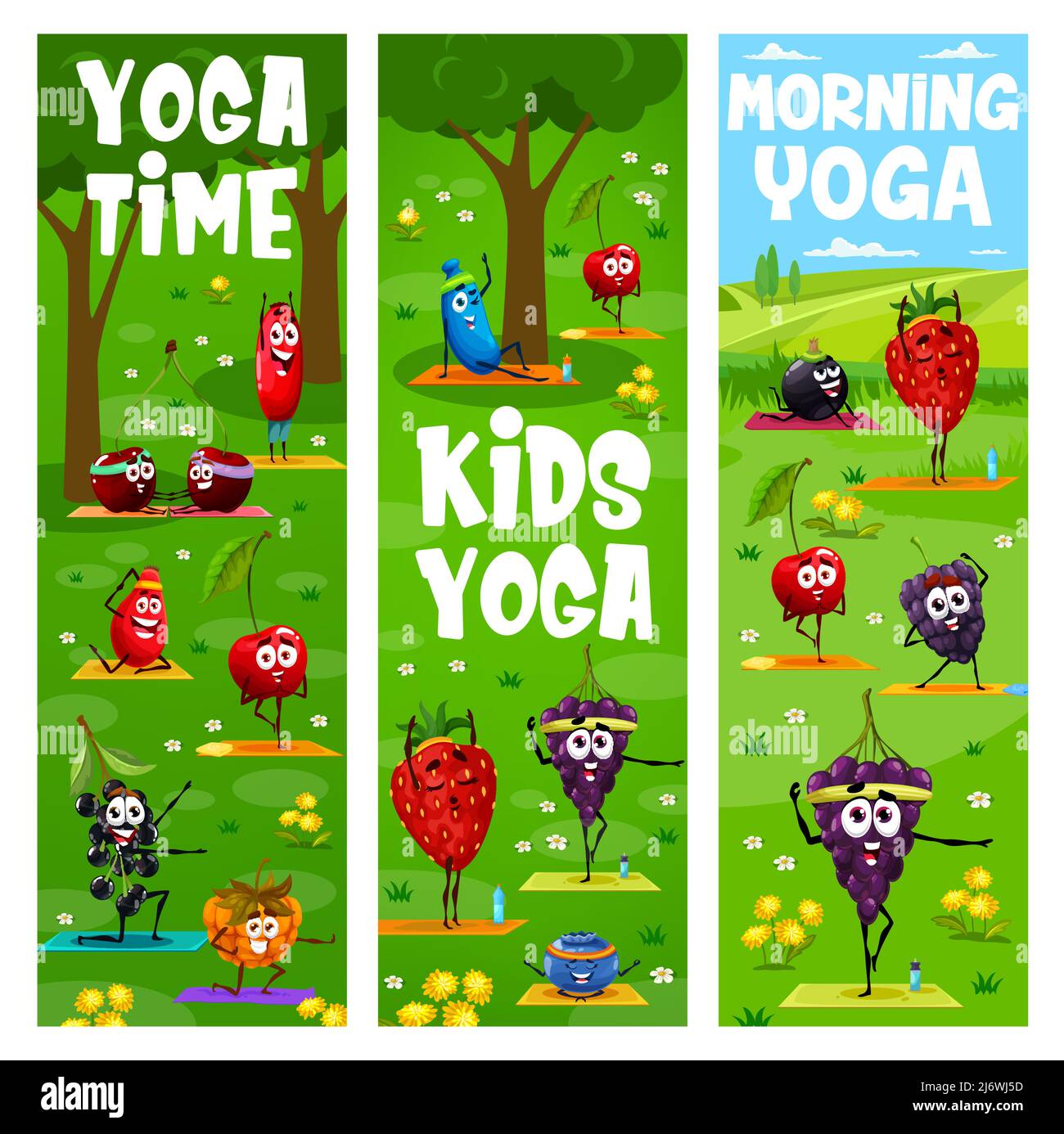Kids and morning yoga cartoon berry characters on fitness. Vector ...