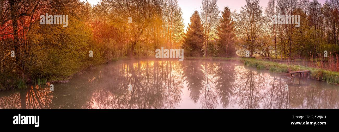 Misty sunrise over peaceful pond hi-res stock photography and images ...