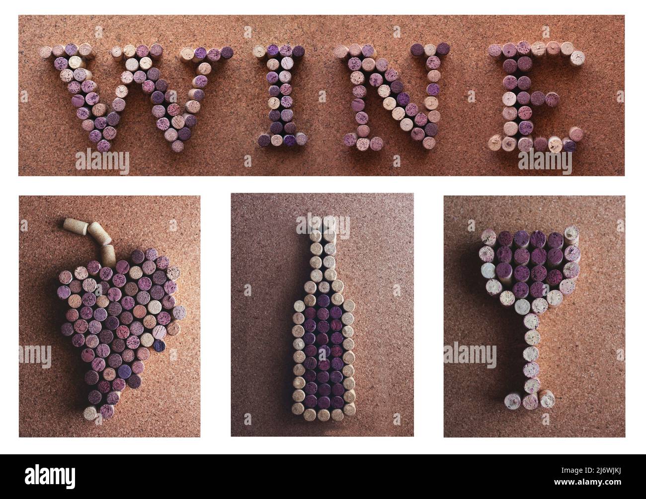 collage of wine corks, bottle, grapes, glass word wine Stock Photo - Alamy