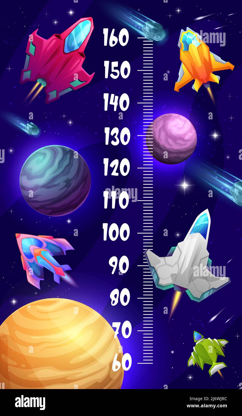 Starship rockets, spaceships in galaxy space, kids height chart, vector ...