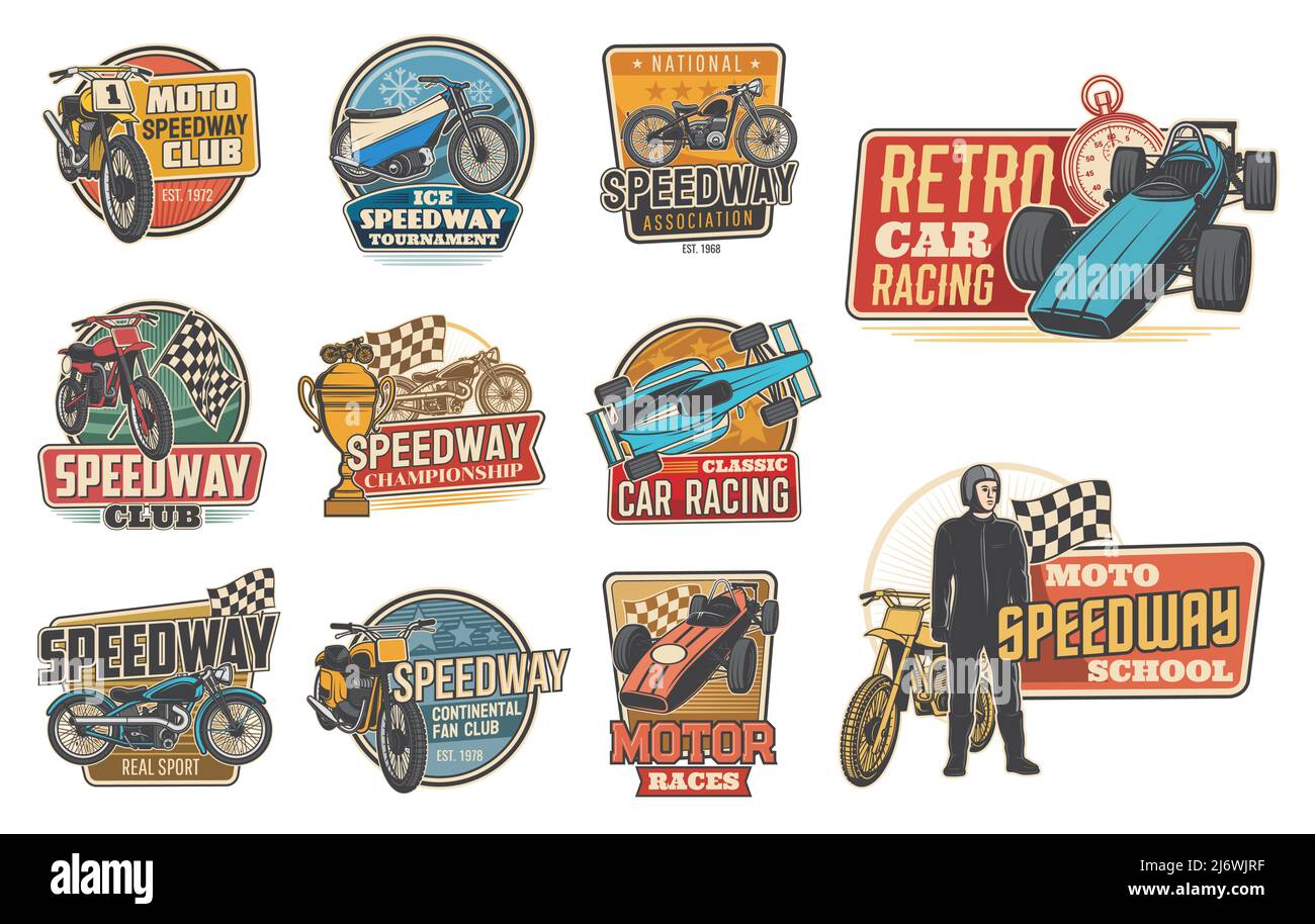 Speedway and car racing retro vector icons, sport race rally and ...
