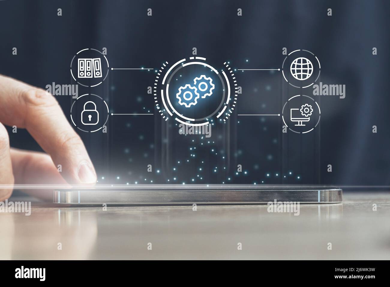 Concept Data Automation. Tech icons with graphics over smartphone Stock ...