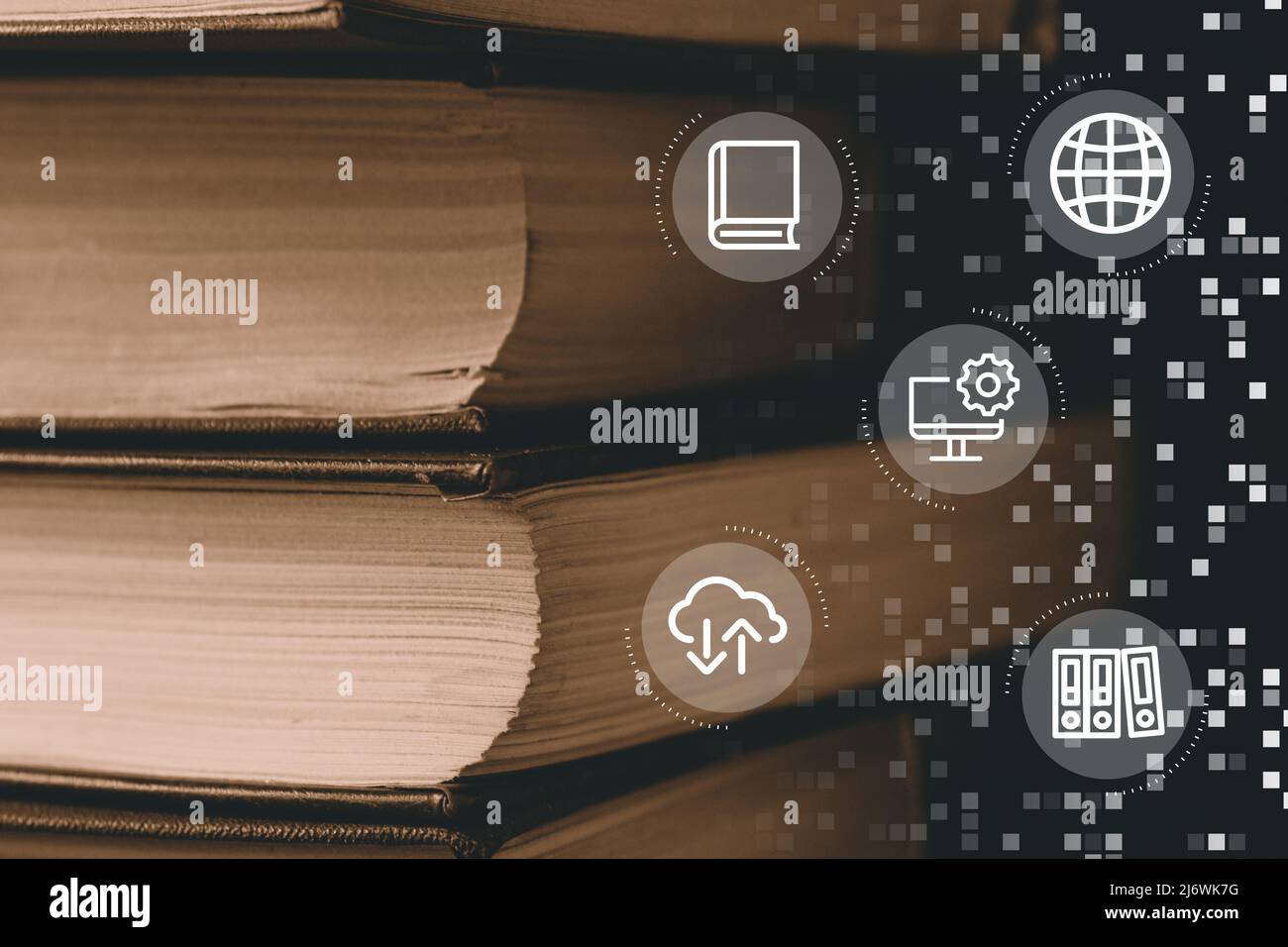 Concept Data literacy. Books with graphics from icons Stock Photo - Alamy