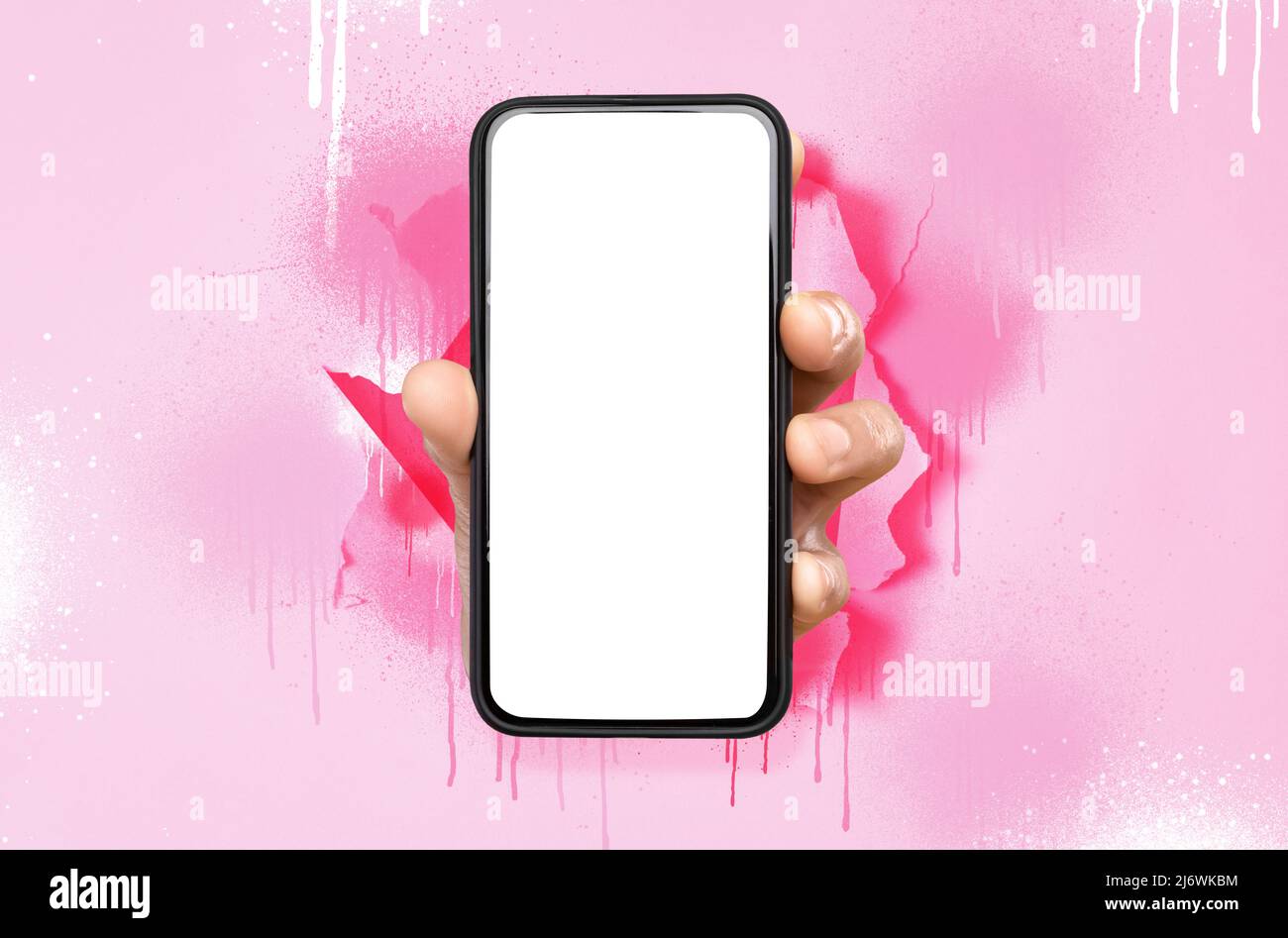 Collage of hand showing empty smartphone screen breaking through paper ...