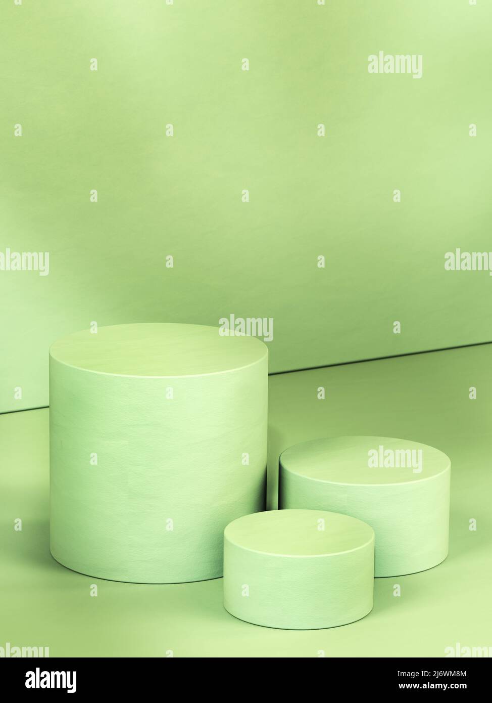 Group of three various cylindrical pedestals, green toned scene. 3d ...