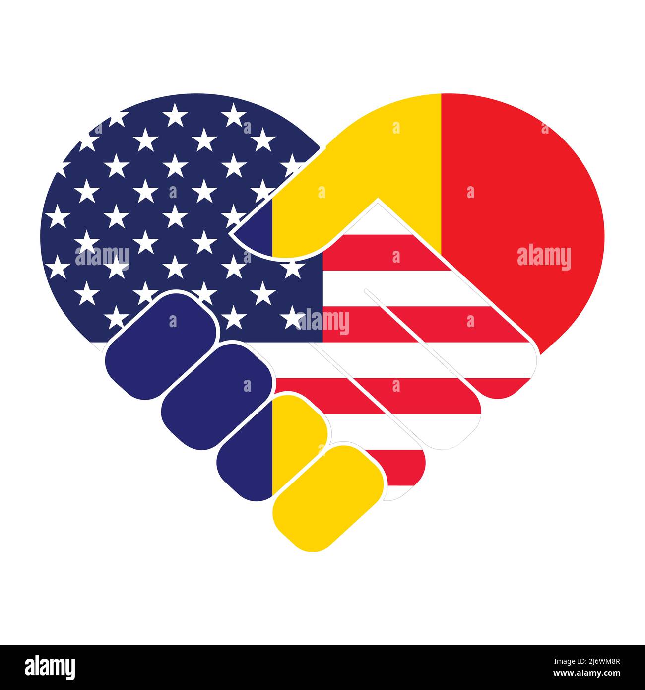 Handshake symbol in the colors of the national flags of USA and Romania ...