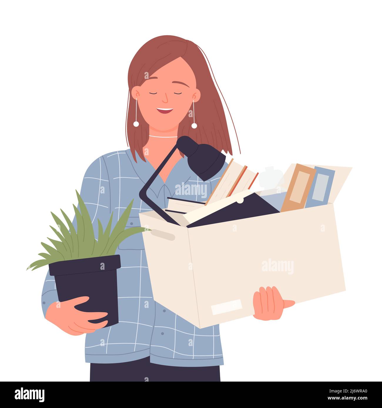 Cheerful dismissed girl with office stuff. Employee quitting, new job ...