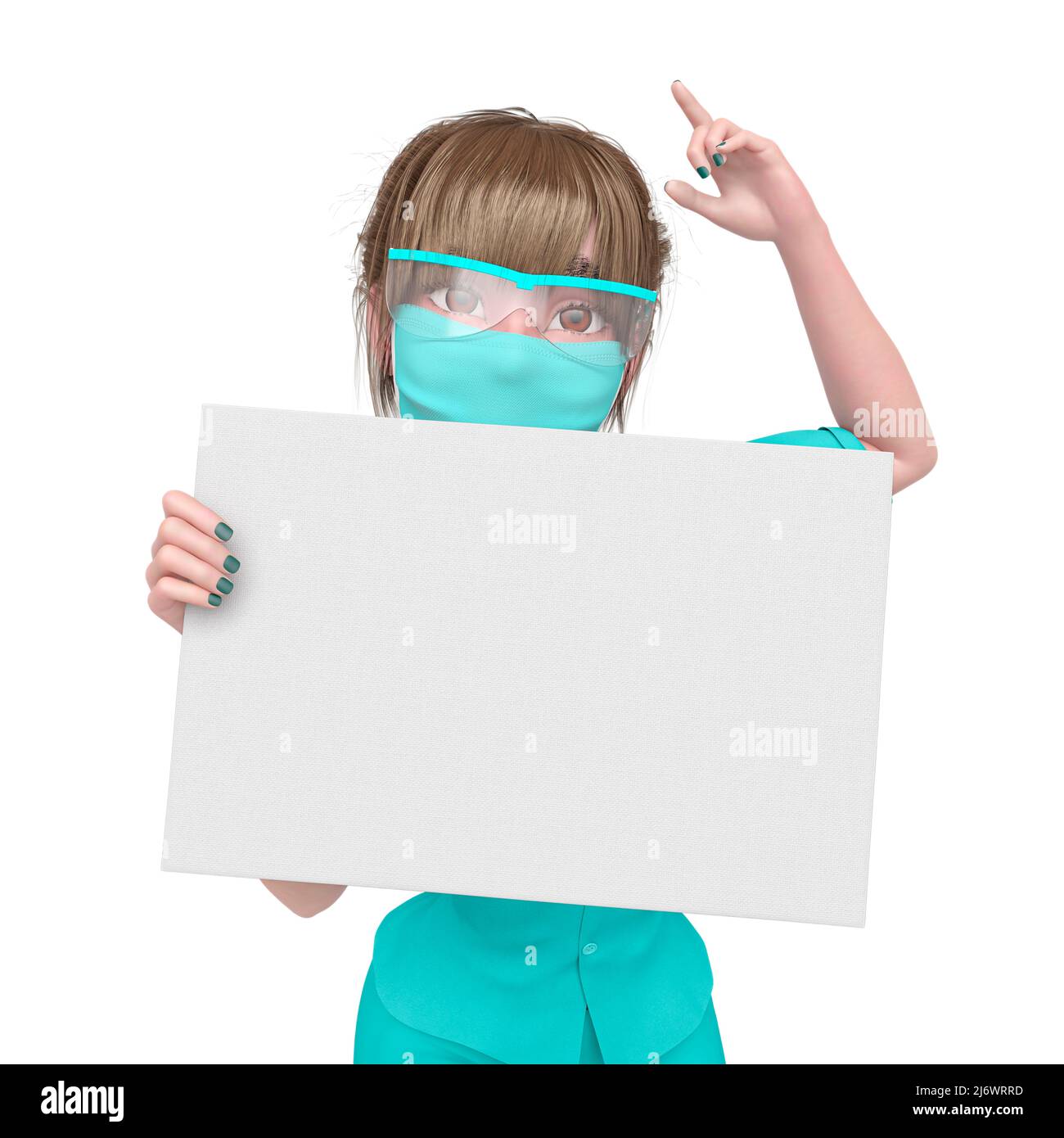 nurse girl is holding a white sign and saying something, 3d ...