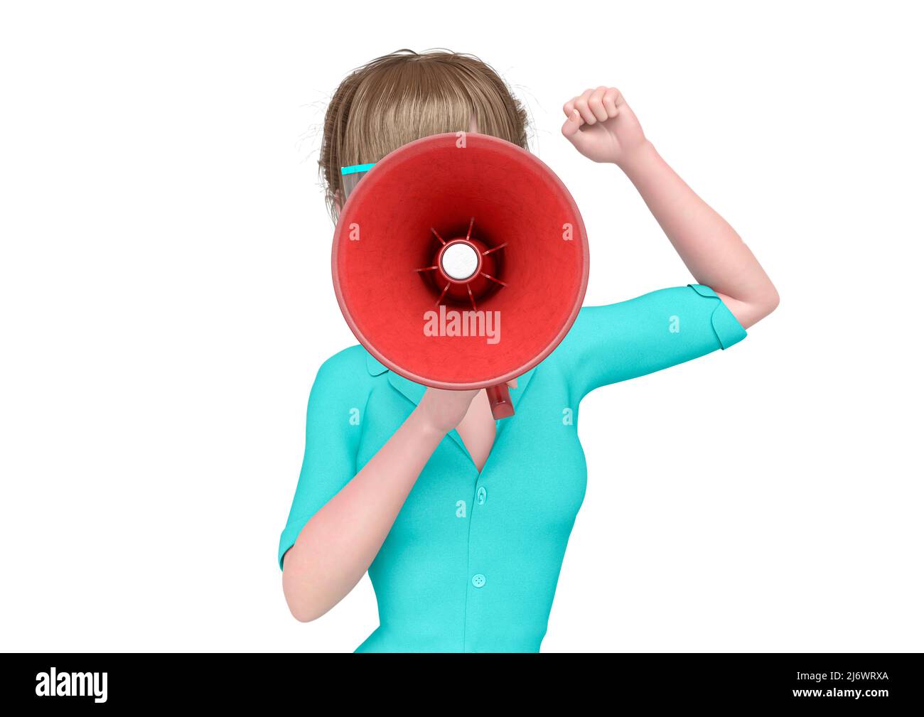 nurse girl is protesting and talking on the megaphone font view, 3d ...
