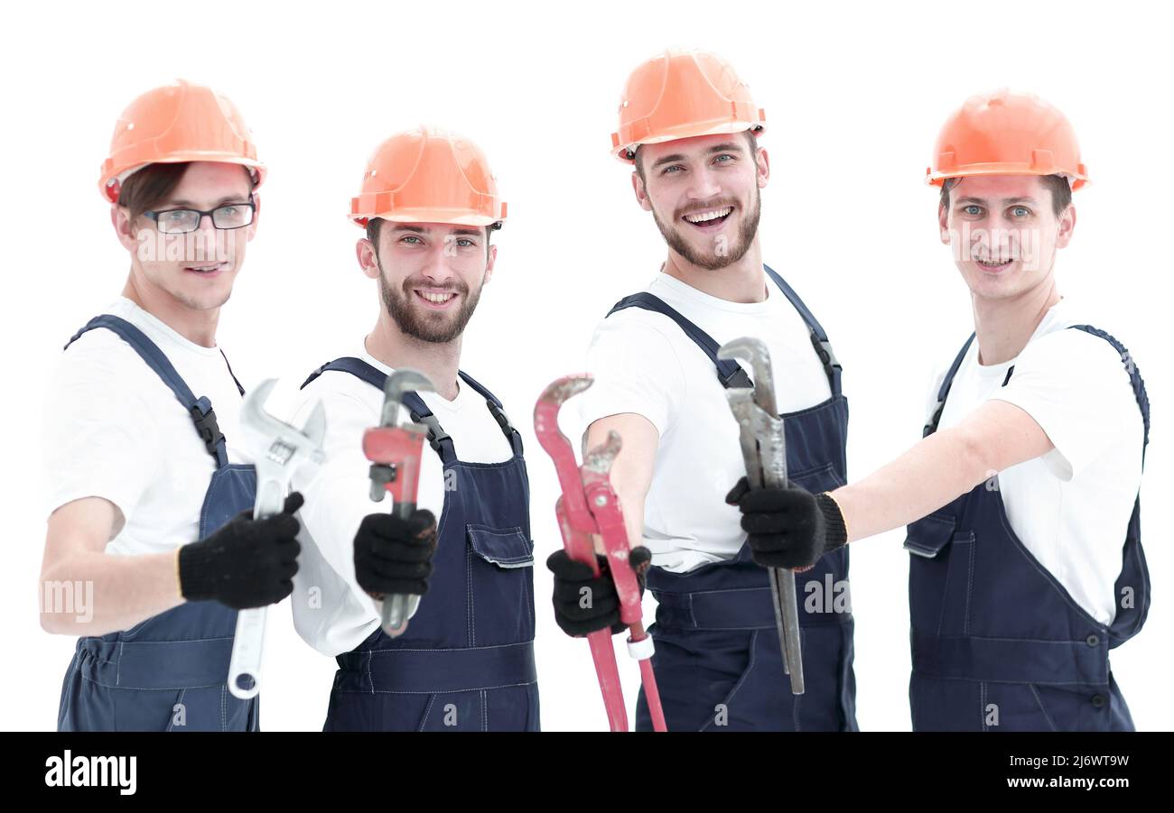 group of plumbers with working tools Stock Photo - Alamy