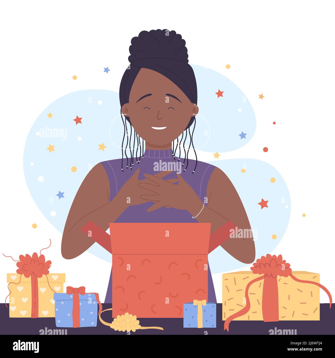 Happy girl unpacking cardboard boxes with ribbons. Cartoon female ...