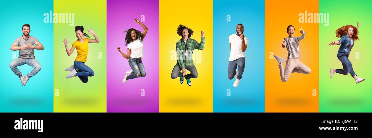 Emotional international students jumping up, set of photos Stock Photo ...