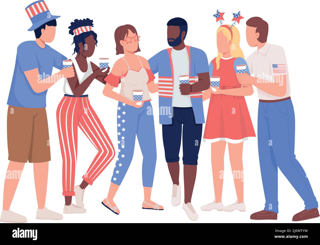 Friends group celebrating July fourth semi flat color vector characters ...