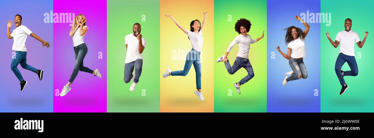 Multiethnic young people having fun on studio backgrounds, collage ...