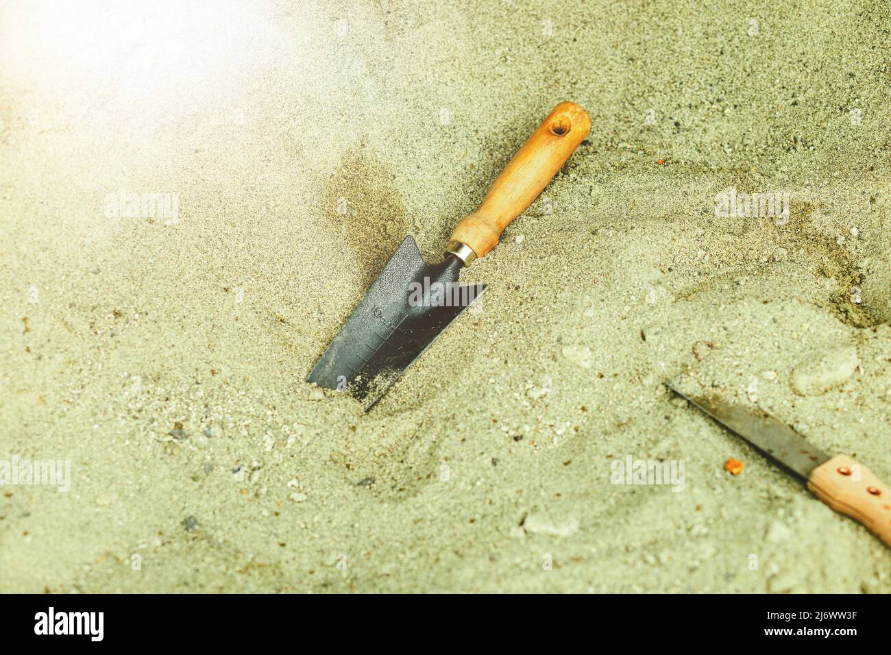 Shovel in the sand.Skeleton and archaeological tools.Digging for ...