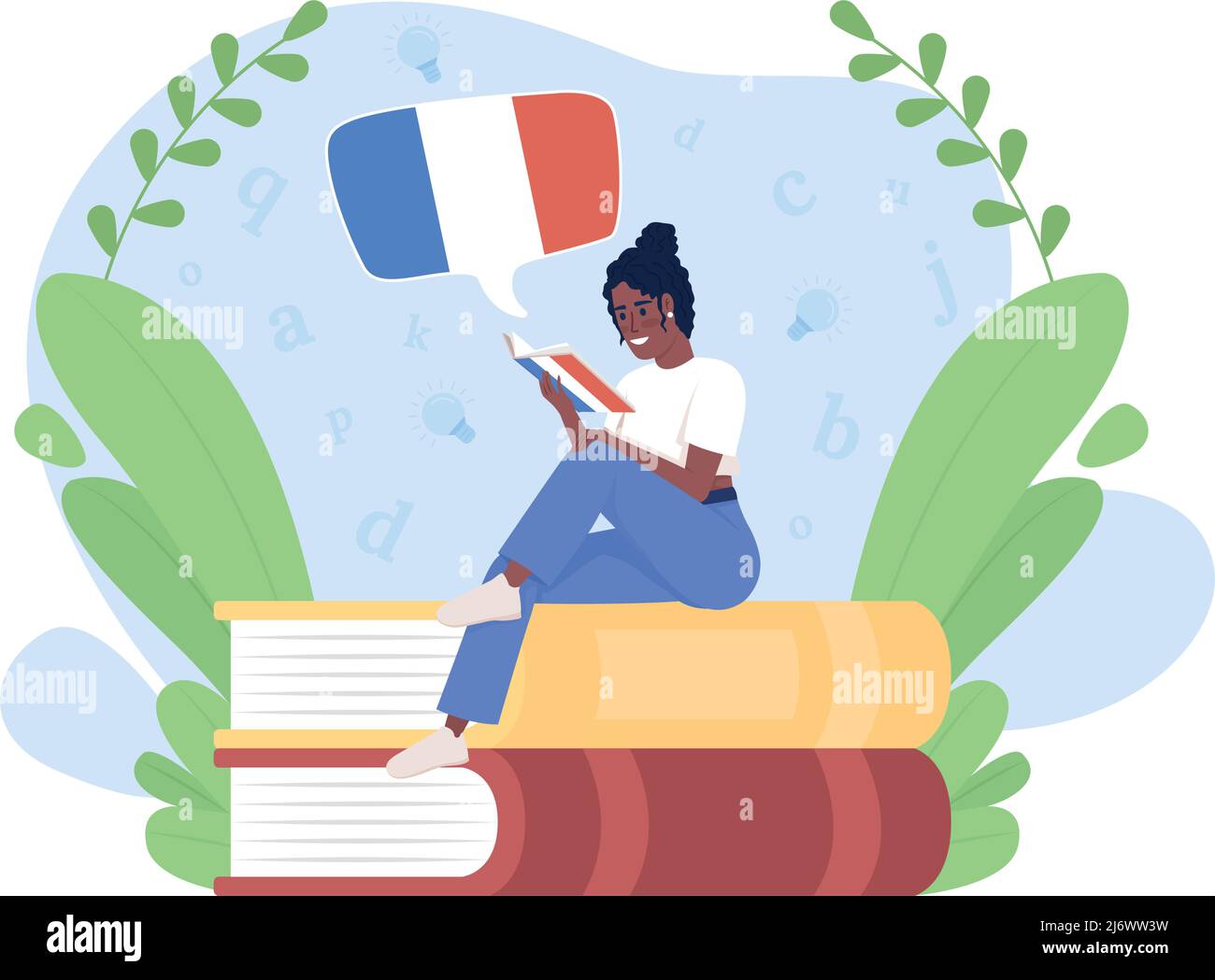 Reading book to learn French 2D vector isolated illustration Stock ...