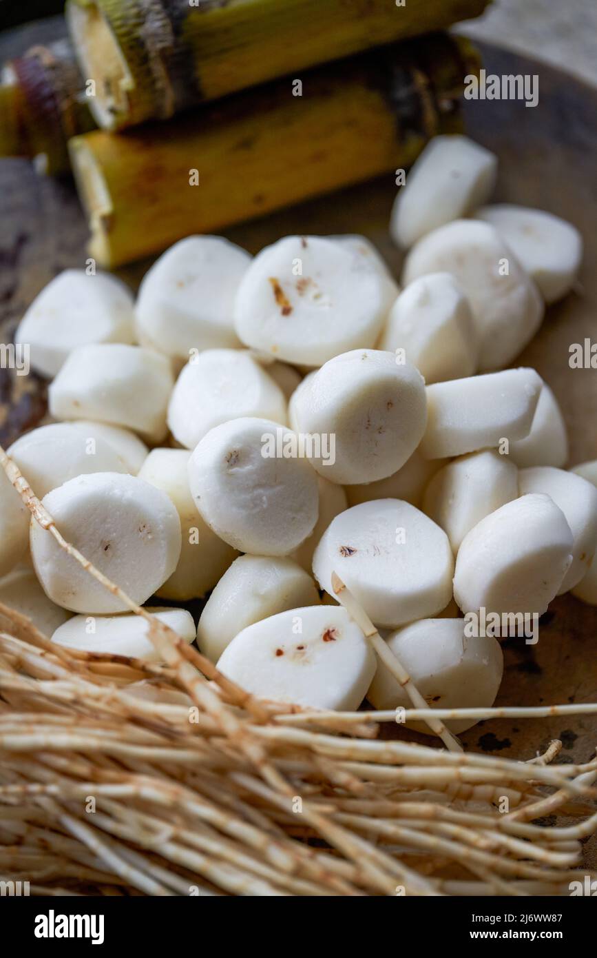 Close-up of water chestnuts, one of the raw materials of choke root ...