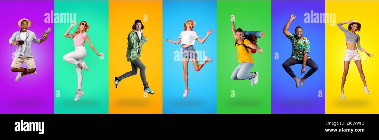 Collage of happy millennial people jumping on colorful studio ...