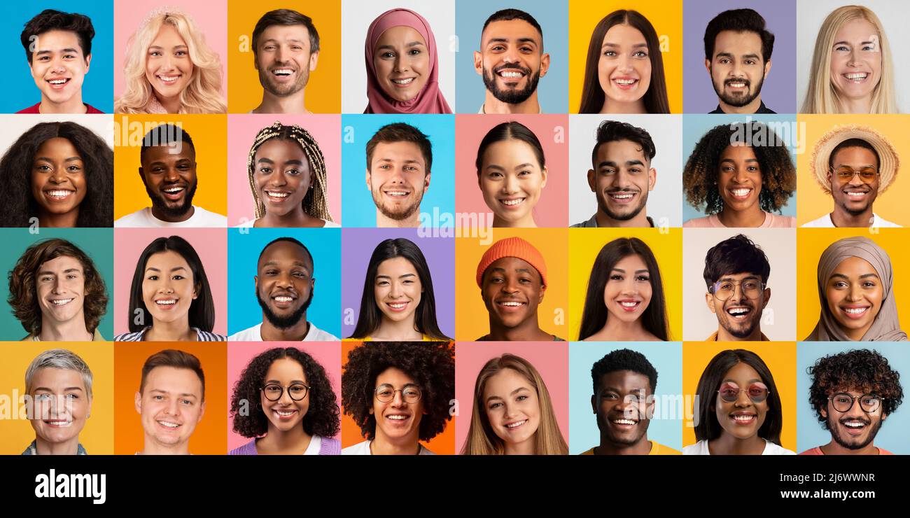 Collection of people of different races on studio backgrounds, collage ...