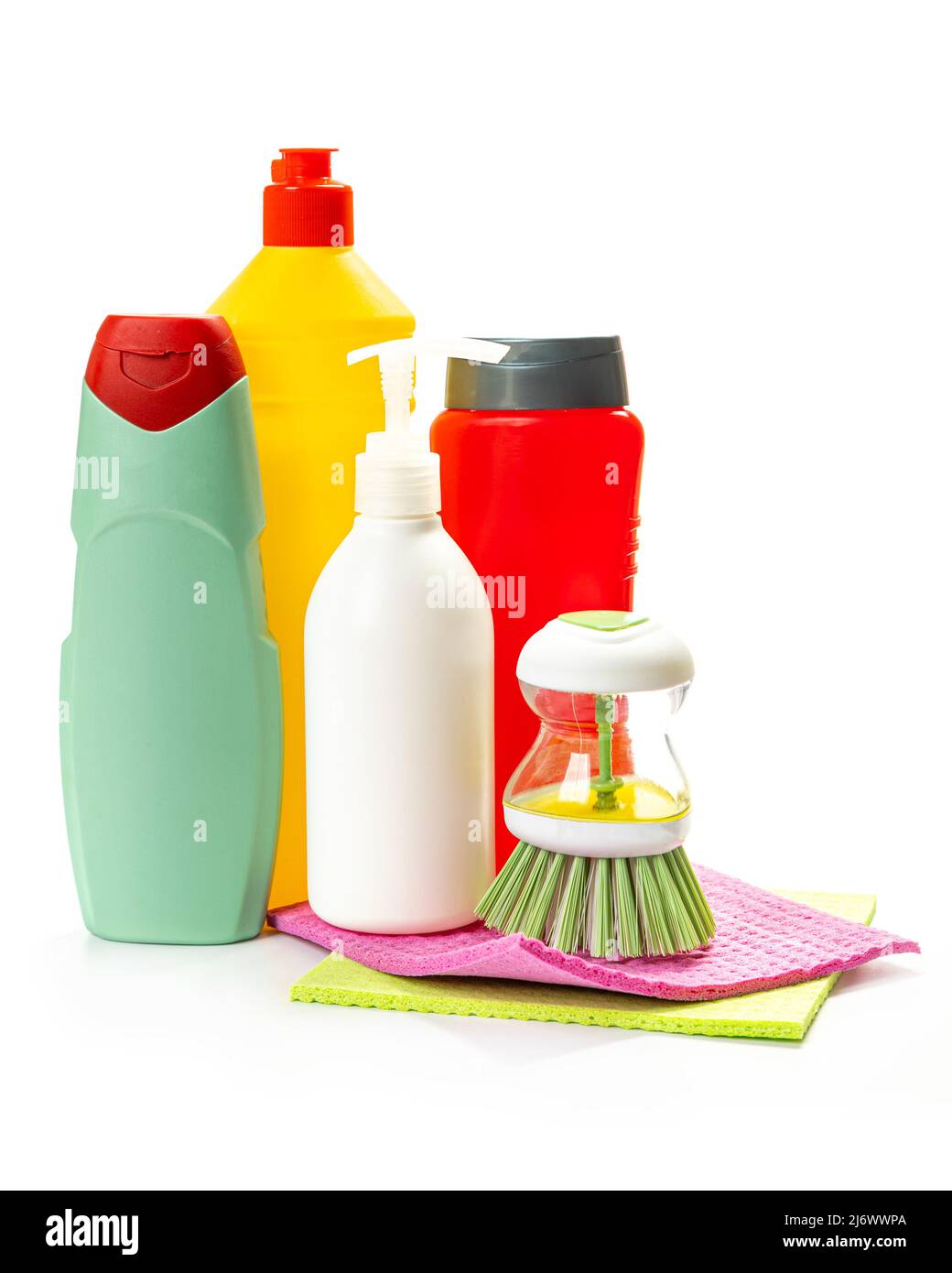 plastic bottle, cleaning sponges and gloves isolated on white ...