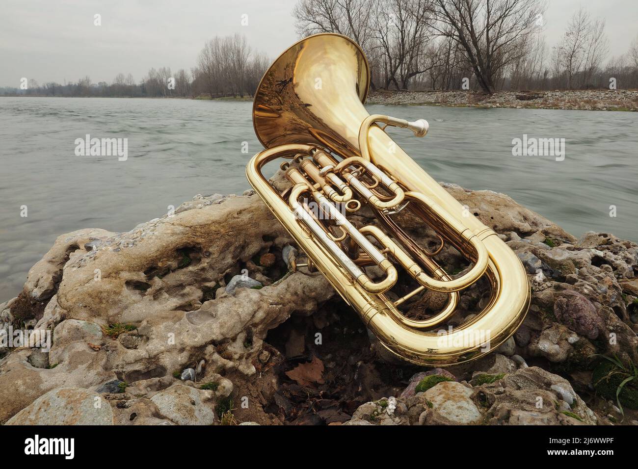 Euphonium posing on rock along Brembo river Stock Photo - Alamy