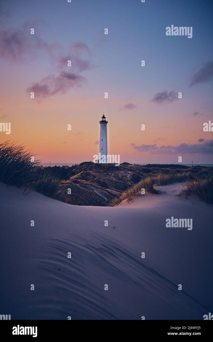 Lighthouse Lyngvig Fyr at the danish north sea coast at down Stock ...