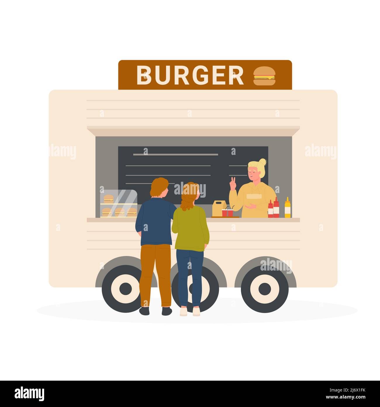 Street fast food van with hamburgers menu. Public catering mobile ...