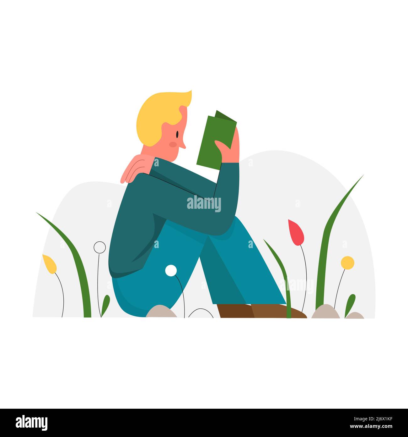 Blonde cute boy reading attentive a book. Literature lover fascinated ...