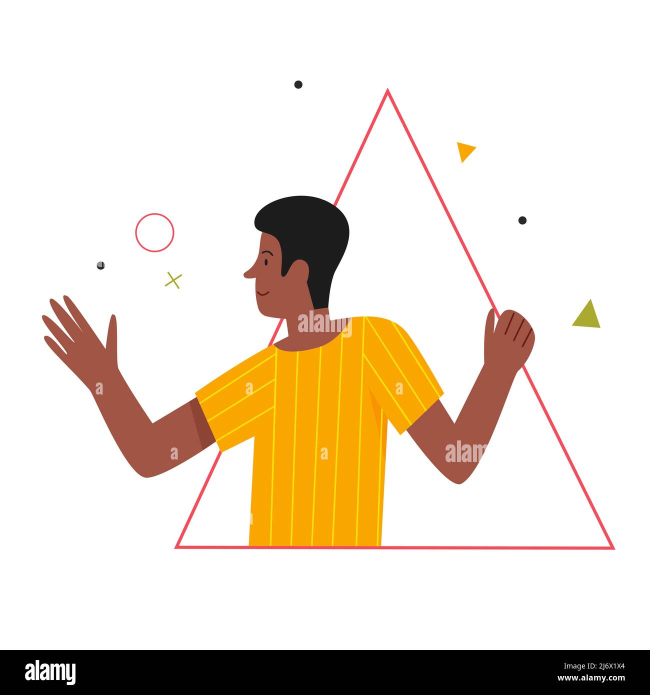 Dark skin man holding triangle geometric shape. Learning and organizing ...
