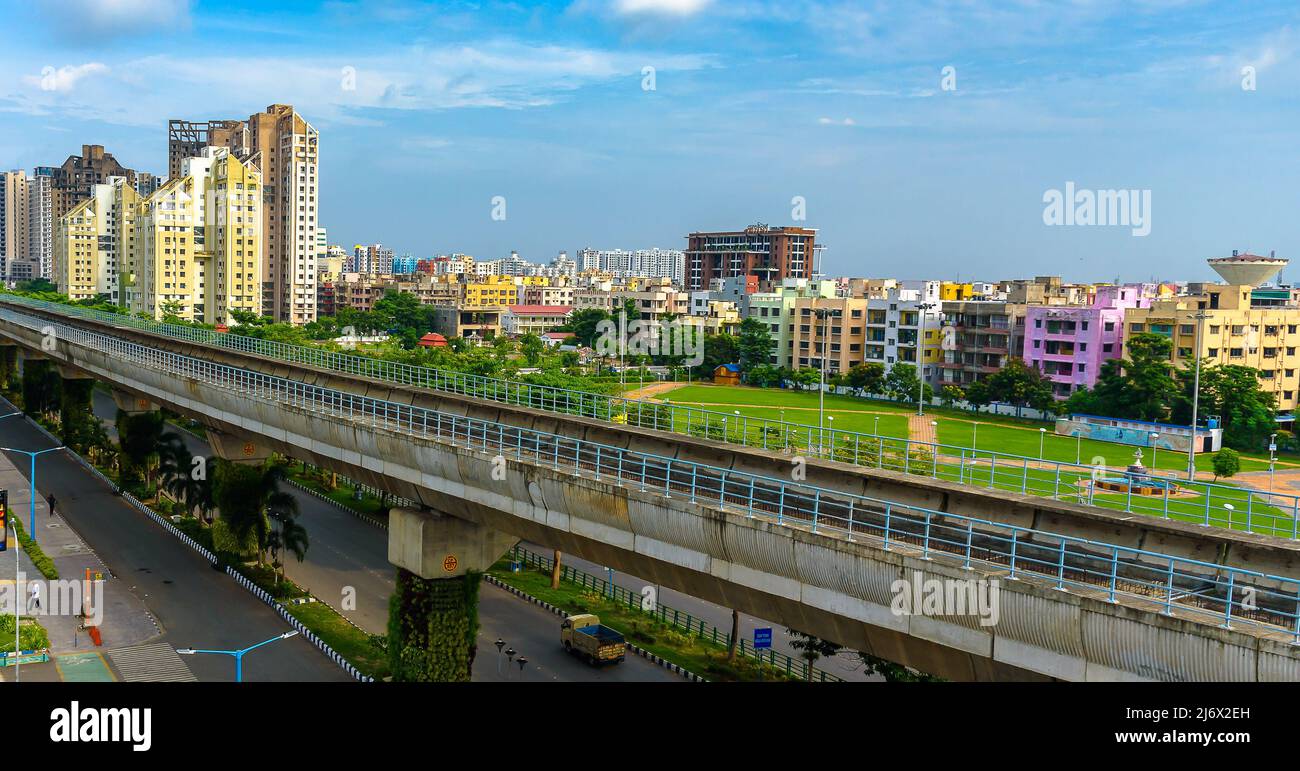 In Frame Under construction Metro Rail line overlooking Highrise ...
