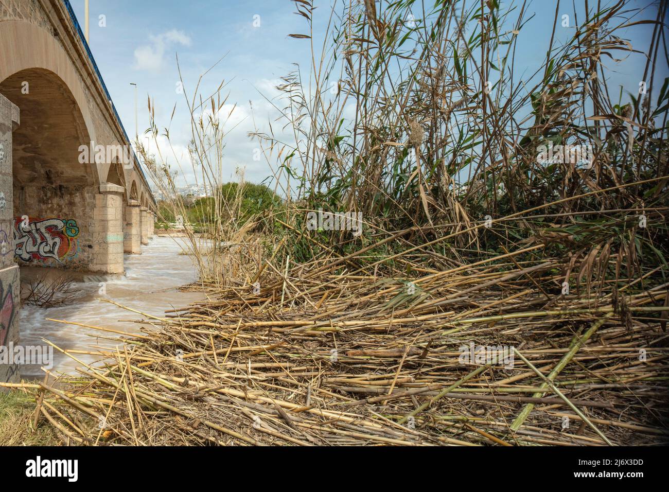 Natural landscape of Algar river in flood rushing under the road bridge ...