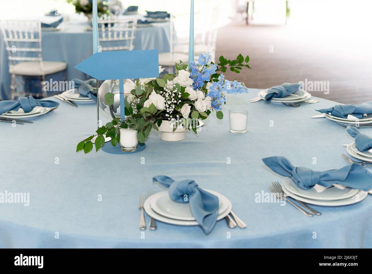 Table setting for holidays and wedding, blue color. A set table for a ...