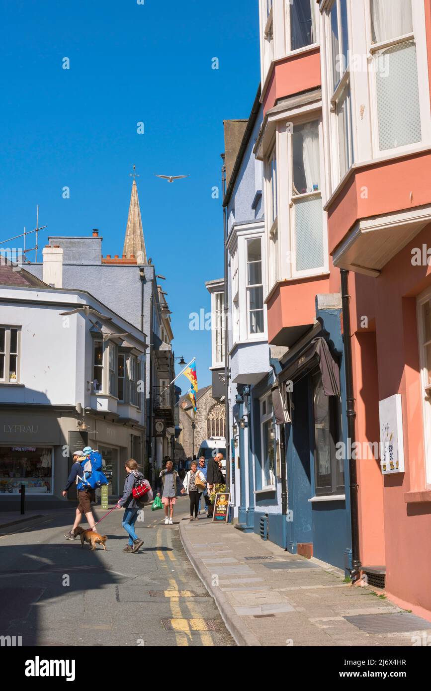 Tenby town centre, view of people walking in St Julian's Street in the ...