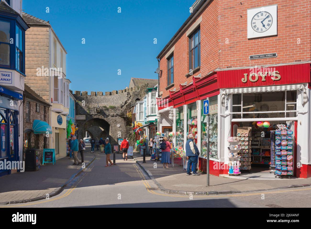 Tenby town centre, view of shops in St Georges's Street in the historic ...