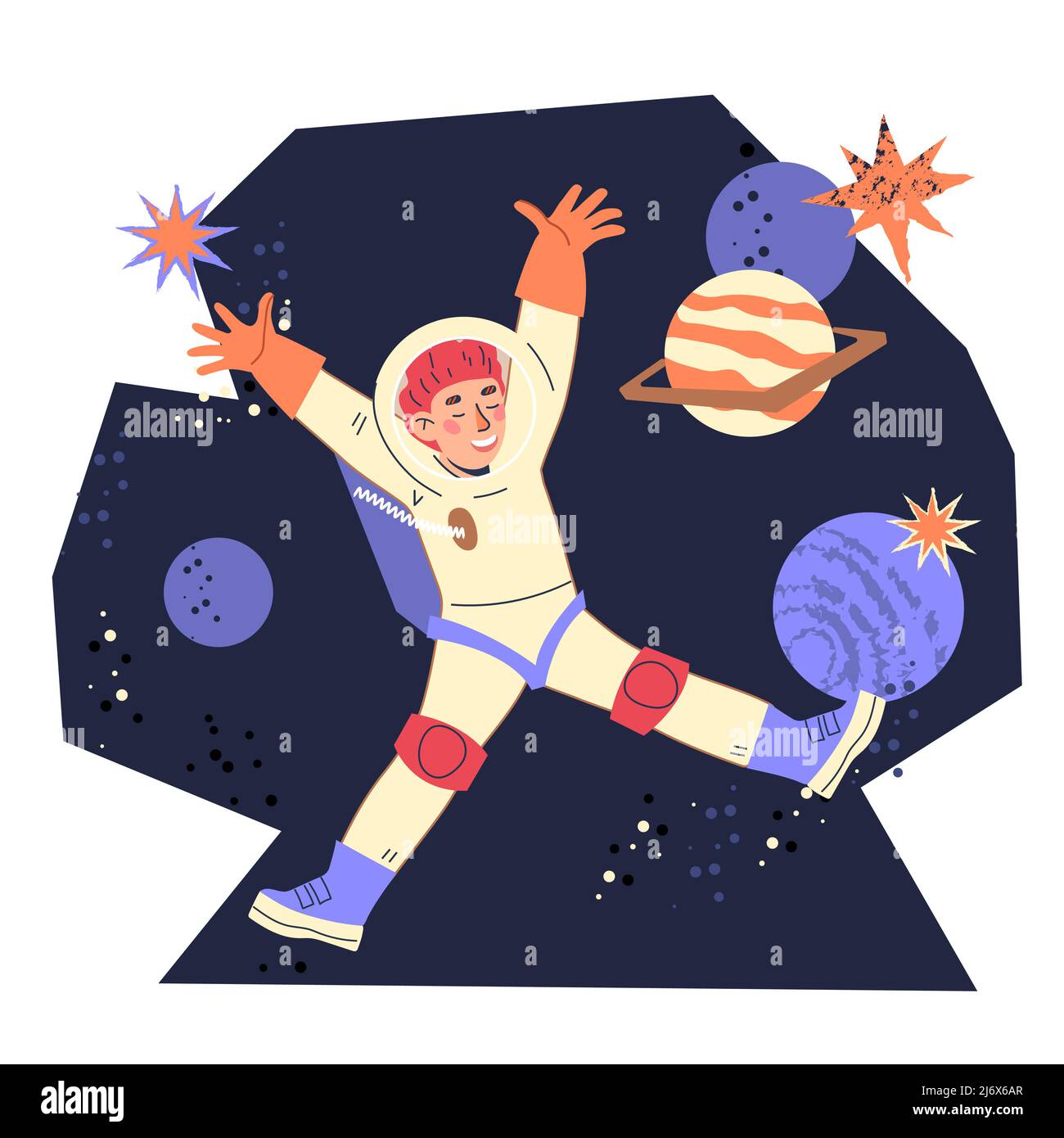 Child boy astronaut or cosmonaut among stars and planets floating in ...