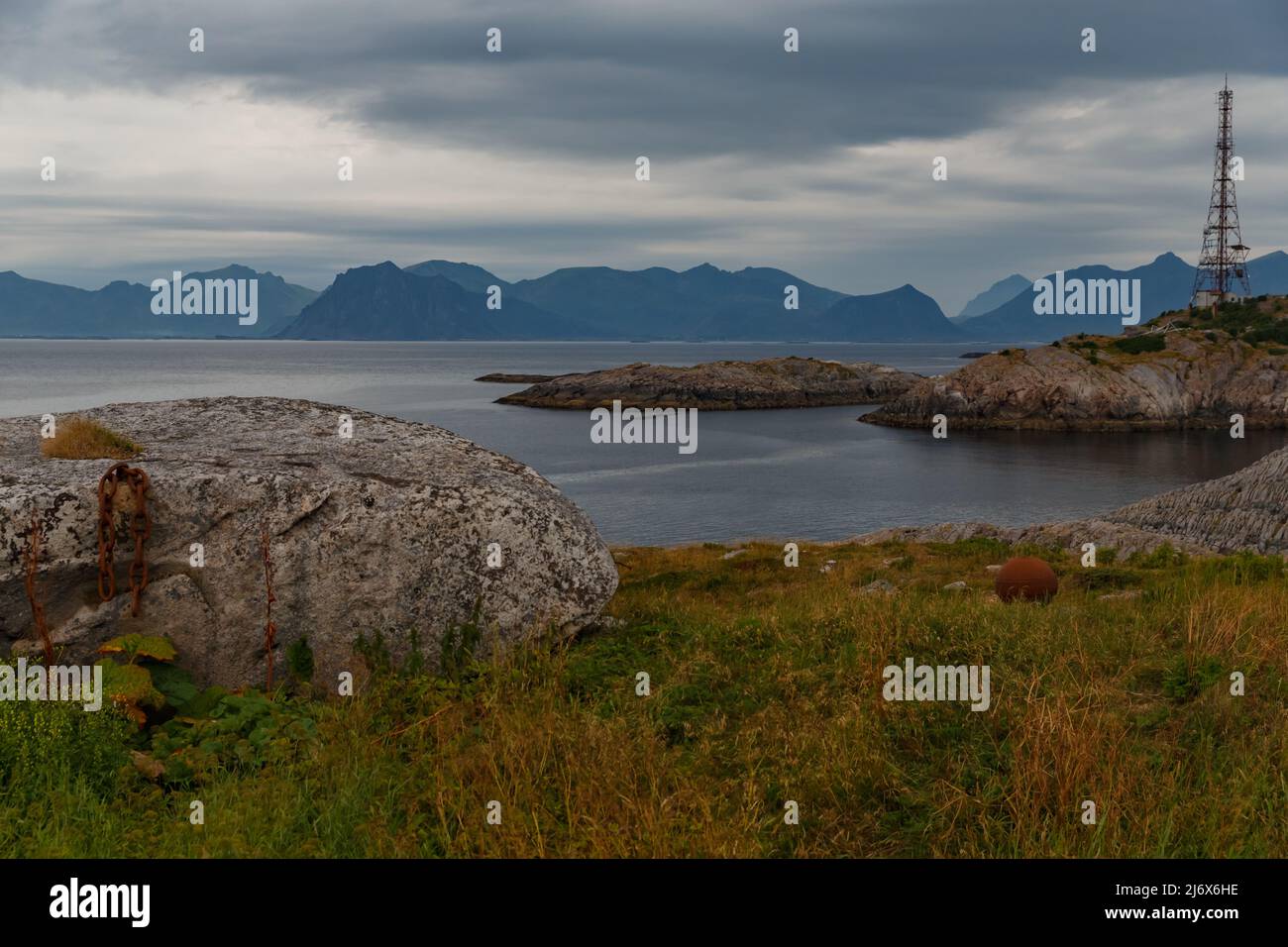 Norwegian seascape, rocky coast with dramatic skies, the sun breaks ...